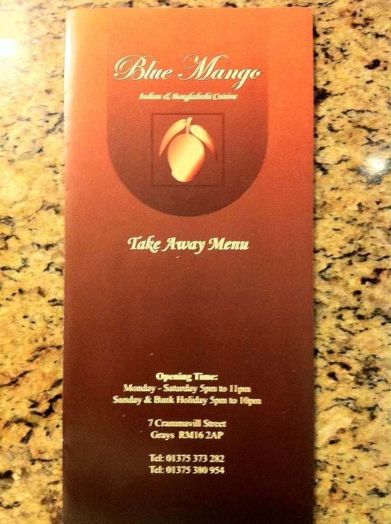 Menu at Blue Mango restaurant, South Ockendon