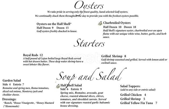 Menu at Half Shell Oyster House restaurant, Flowood