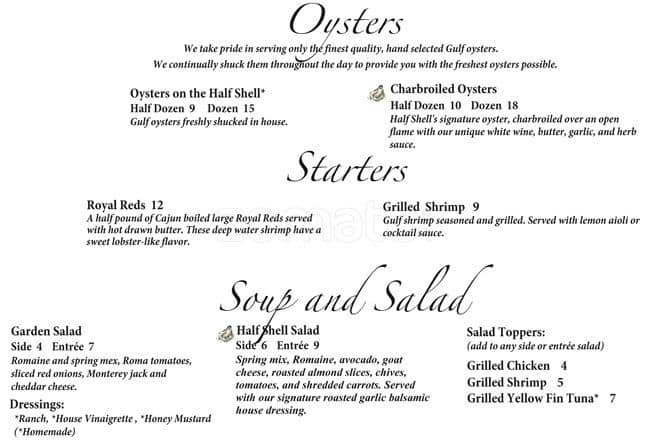 Menu at Half Shell Oyster House restaurant, Flowood