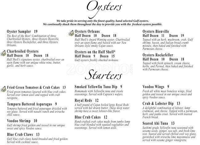 Menu at Half Shell Oyster House restaurant, Flowood