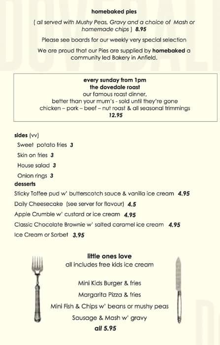Menu at Dovedale Towers pub & bar, Liverpool