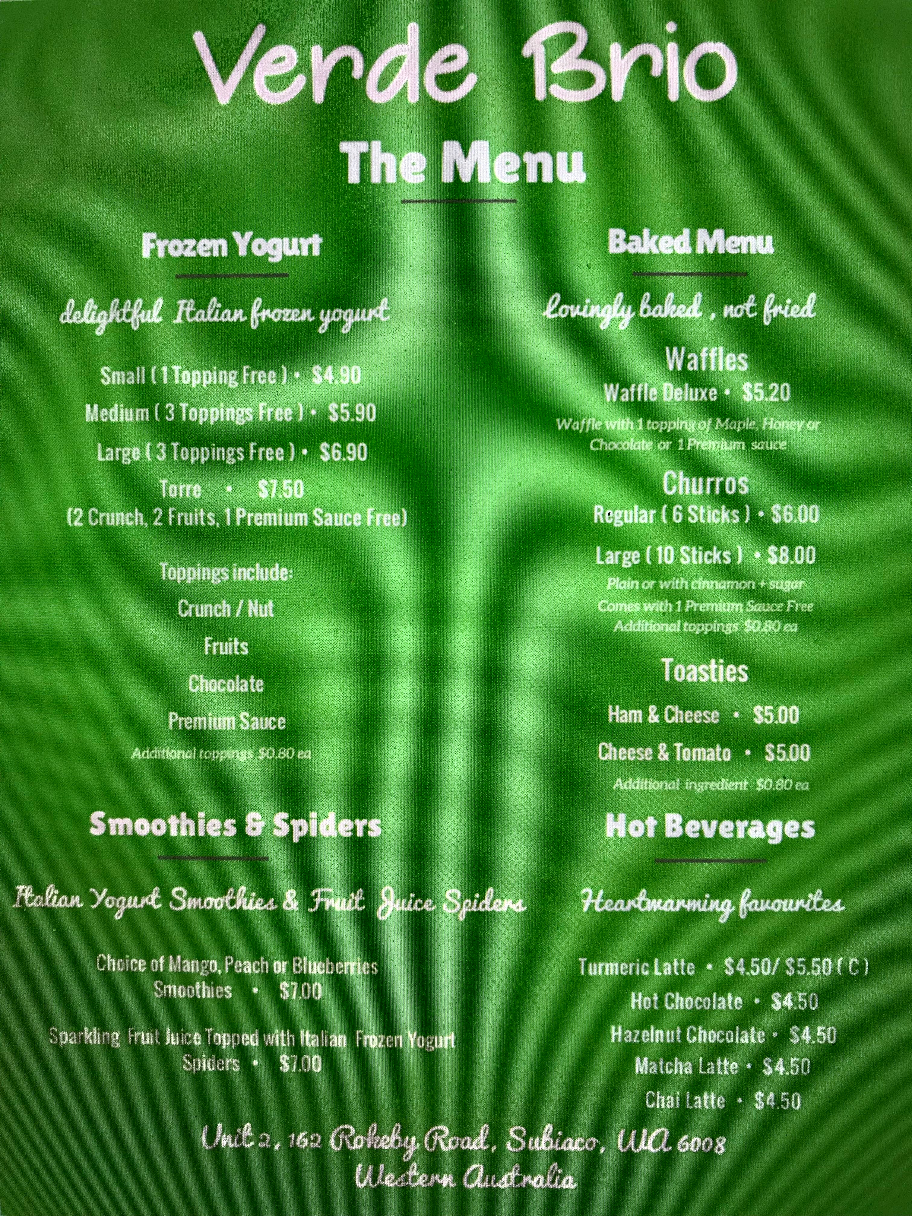 Verde Brio Menu, Menu for Verde Brio, Subiaco, Perth - Urbanspoon/Zomato