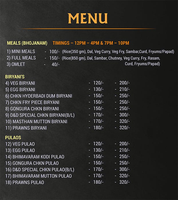 Menu at D&D Caterers, Hyderabad