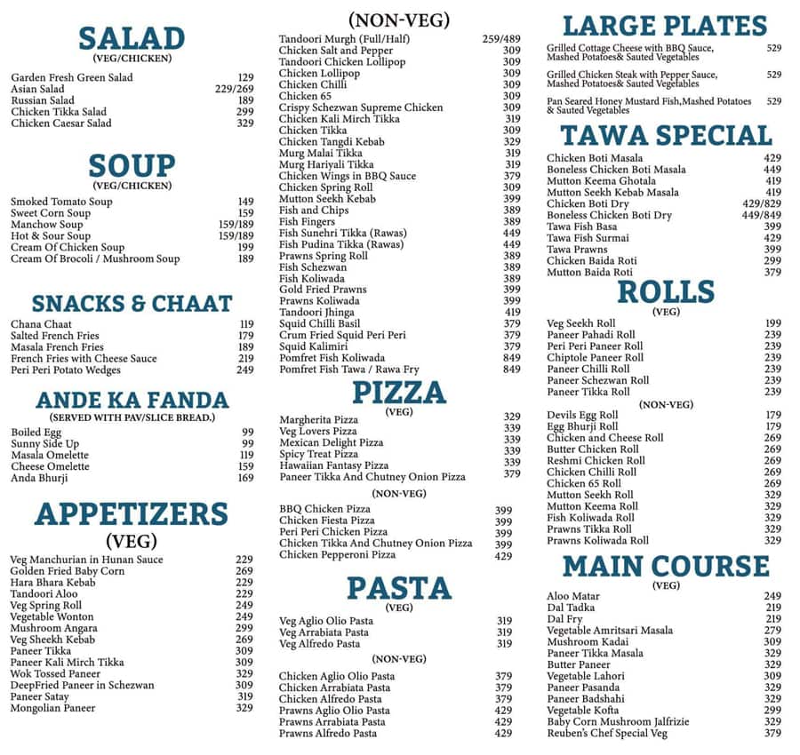 Menu of Reuben's Restobar, Malad West, Mumbai