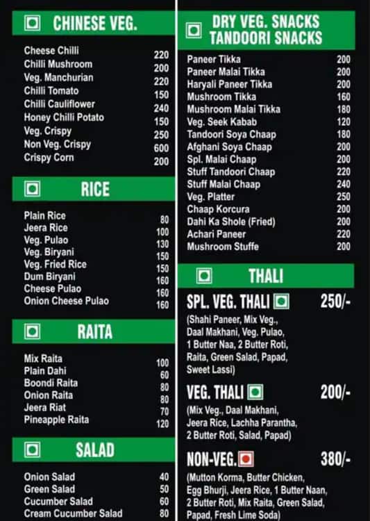 Menu of Roti Wala, Manesar, Gurgaon