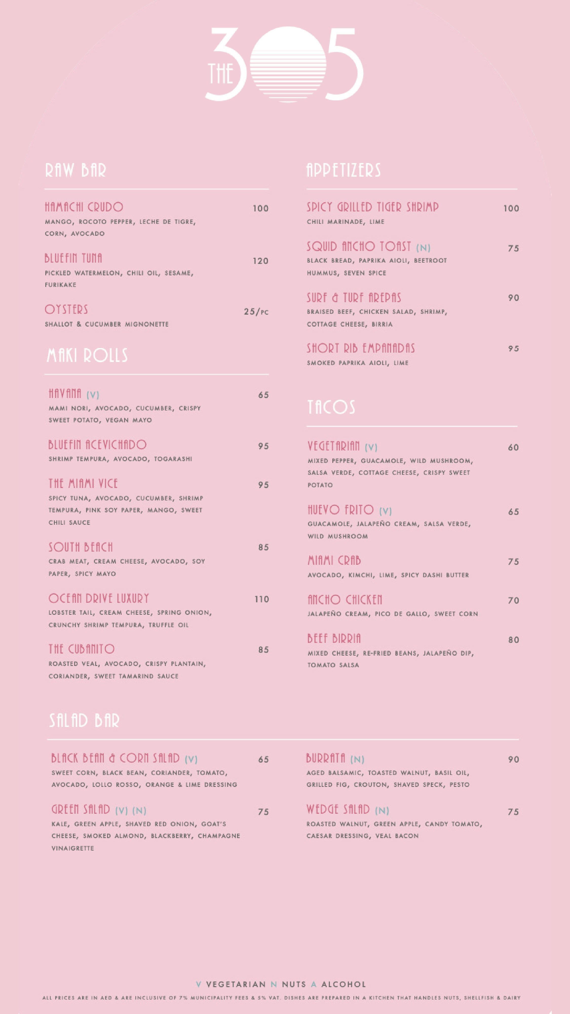 Menu of The 305, Palm Jumeirah, Dubai