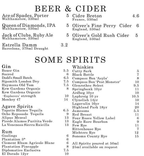 Menu at Brunswick House restaurant, London