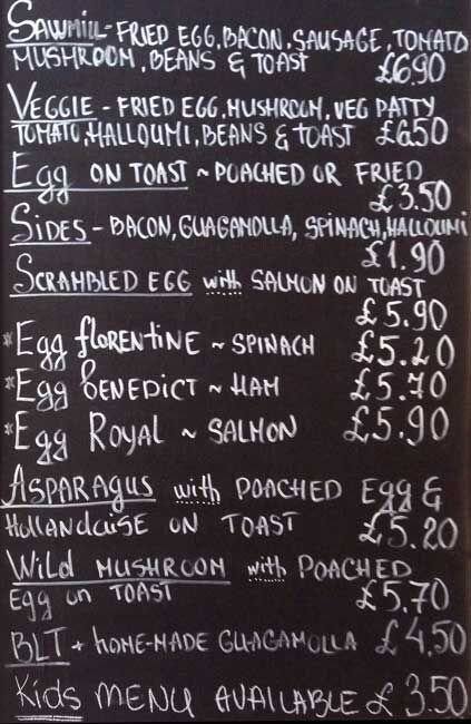 Menu at Sawmill Cafe, London