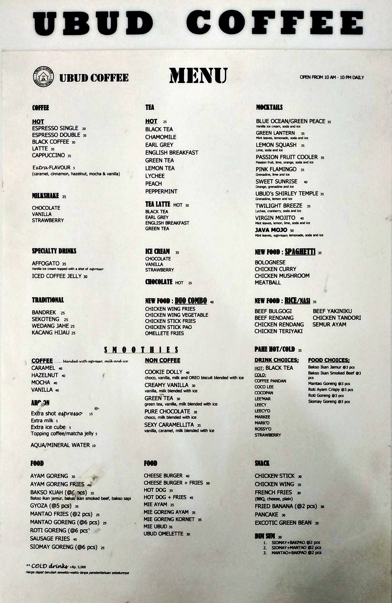 Menu at Ubud Coffee cafe, Jakarta