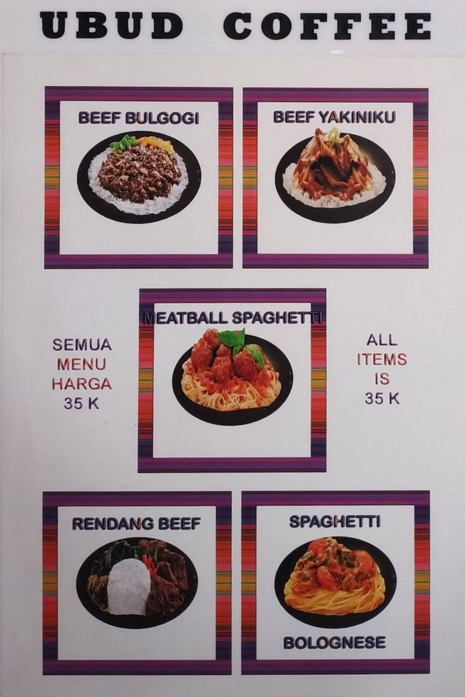 Menu at Ubud Coffee cafe, Jakarta