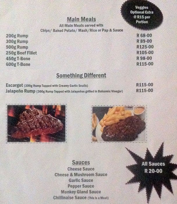 Menu at Oppi Stoep Bar & Braai, Pretoria