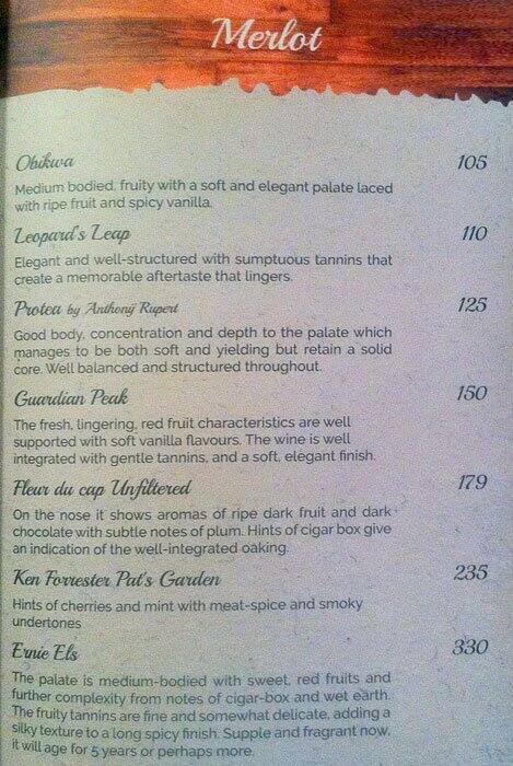 Menu at Oppi Stoep Bar & Braai, Pretoria