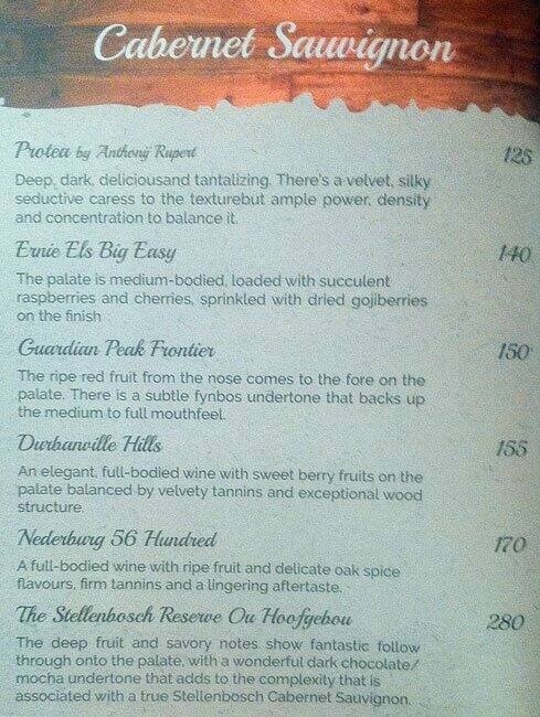 Menu at Oppi Stoep Bar & Braai, Pretoria