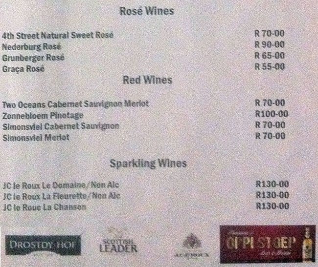 Menu at Oppi Stoep Bar & Braai, Pretoria