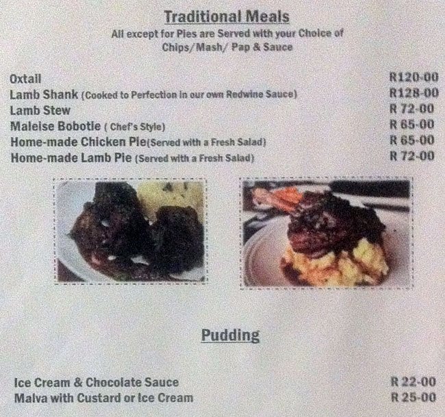 Menu at Oppi Stoep Bar & Braai, Pretoria