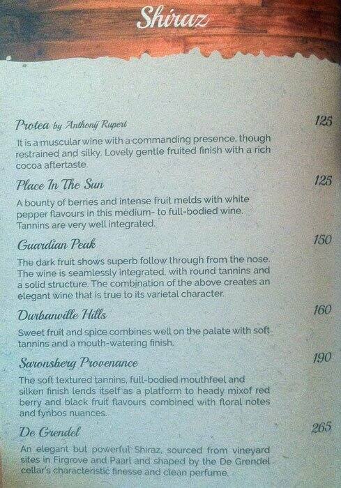 Menu at Oppi Stoep Bar & Braai, Pretoria