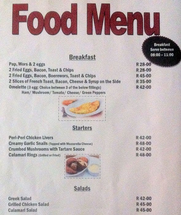 Menu at Oppi Stoep Bar & Braai, Pretoria