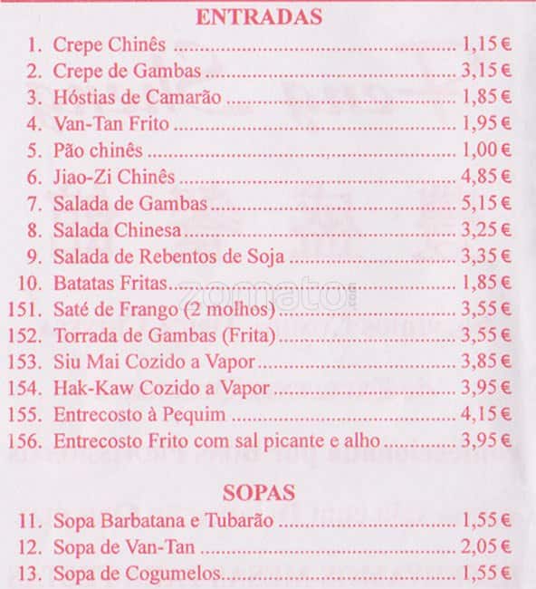 Menu em Feng Sheng restaurante, Alcabideche