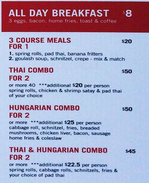 Menu at Hungary Thai restaurant, Toronto