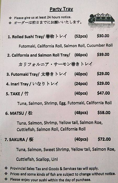 Menu at Tora Sushi restaurant, Markham, Steeles Ave E