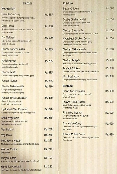 Menu of Rasoi, Fort Kochi, Kochi