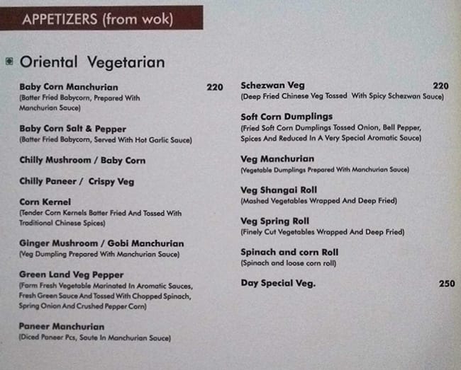 Menu of Kinara Grand, Attapur, Hyderabad