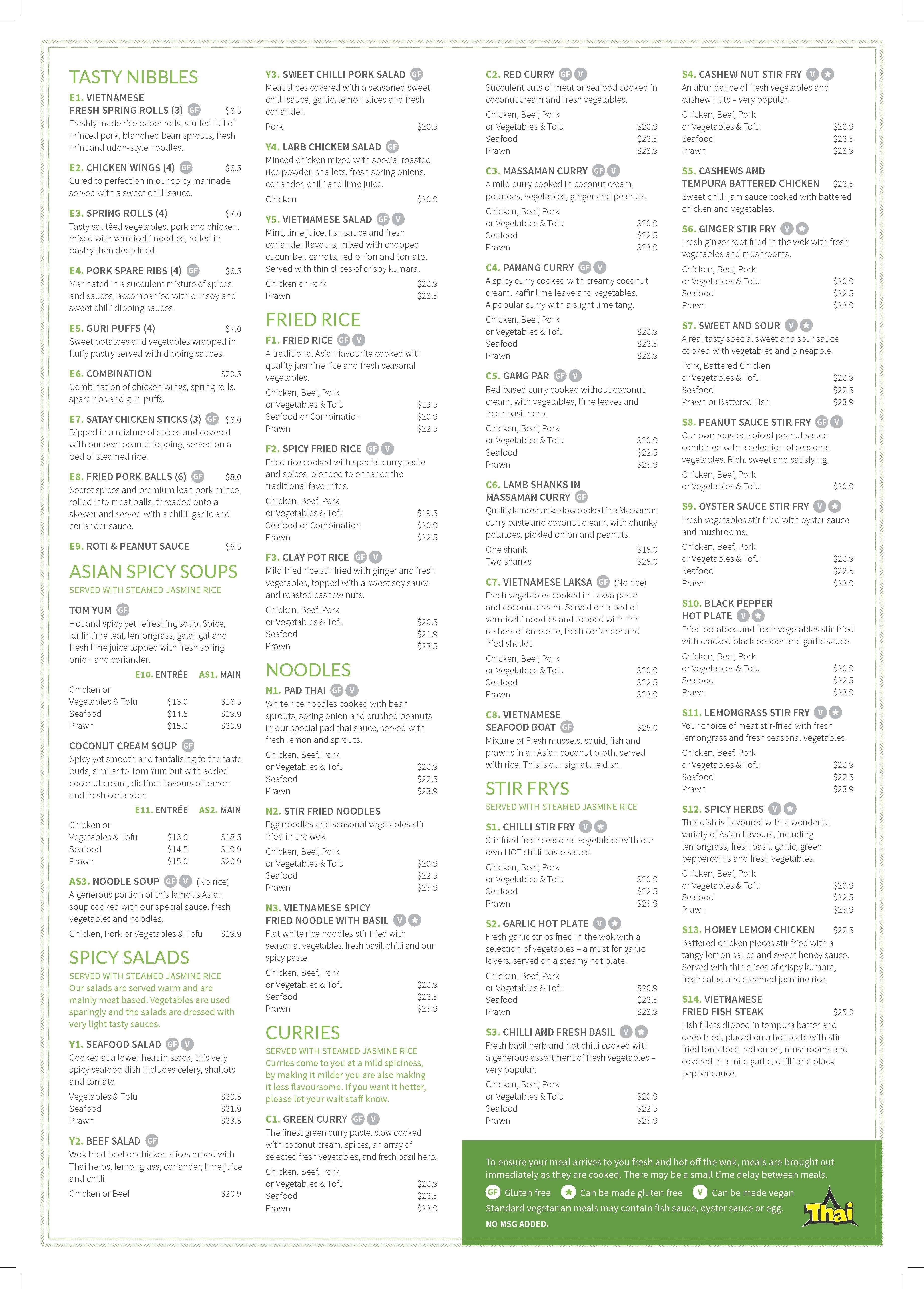 Menu at Thai Hanoi restaurant, Dunedin