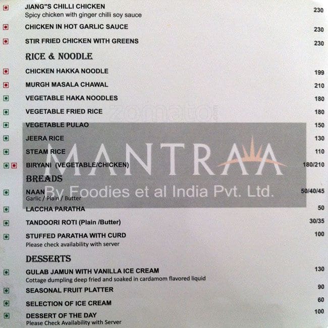 Menu at Mantraa, Indore, PVPR+GH4