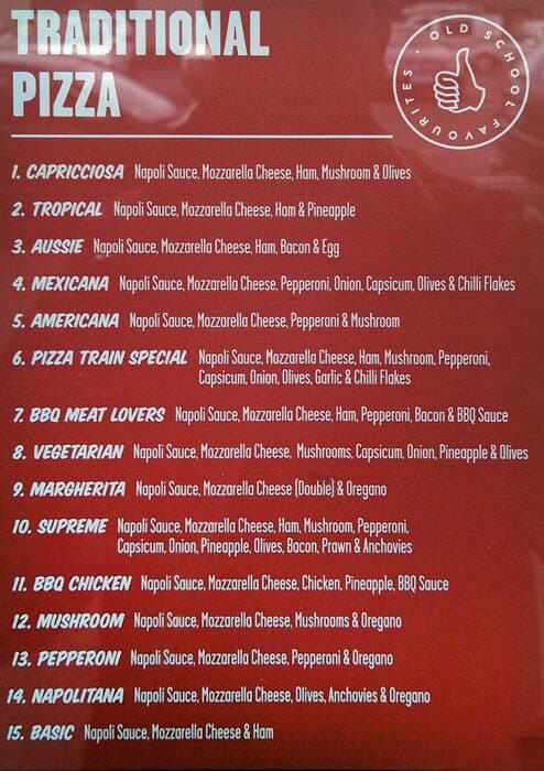 Menu at Pizza Train pizzeria, Newport, 2/22 Mason St
