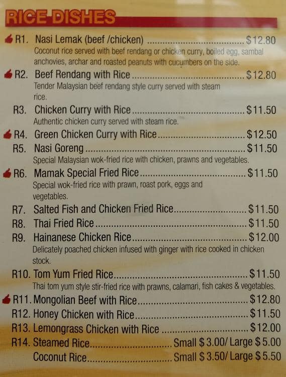 Menu at Malaysian Mamak Kitchen restaurant, Strathmore