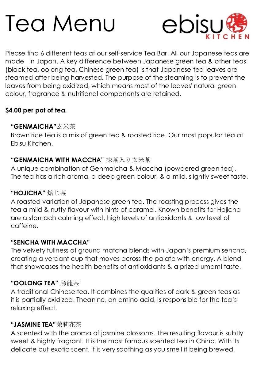 Menu at Ebisu Kitchen restaurant, Elwood