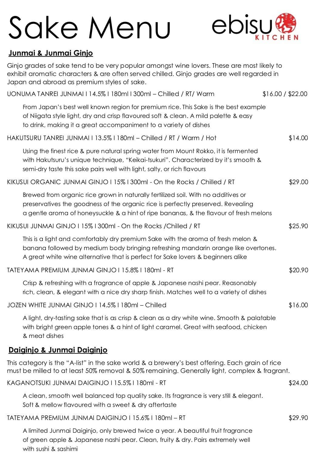 Menu at Ebisu Kitchen restaurant, Elwood