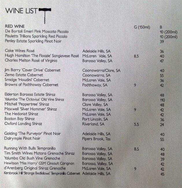 Menu at The Wellington Hotel restaurant, North Adelaide