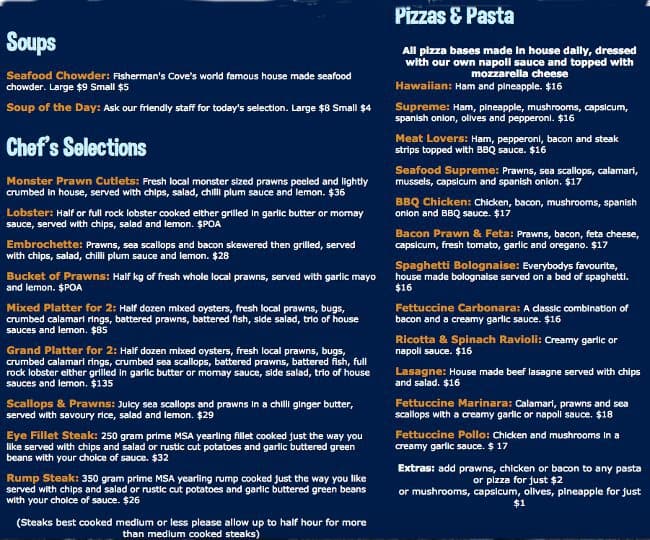 Menu at Fisherman's Cove Restaurant, Coolangatta, 14/99 Griffith St