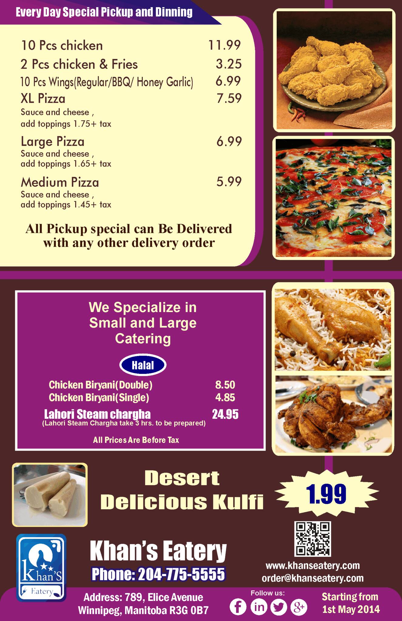 Menu at Khans Eatery, Winnipeg