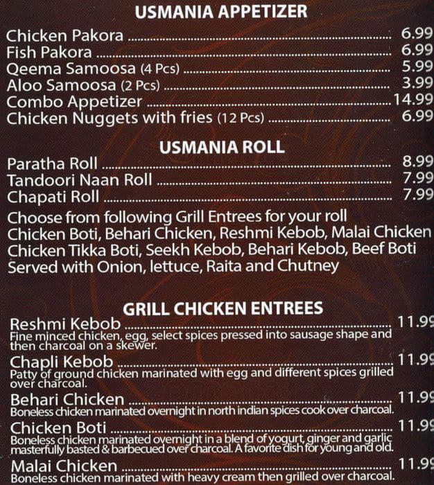 Menu at Usmania Restaurant, Chicago