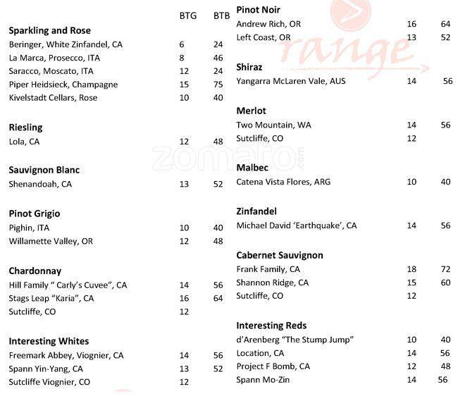 Menu at range Restaurant, Denver