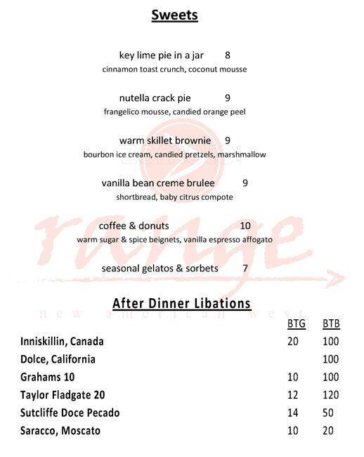 Menu at range Restaurant, Denver