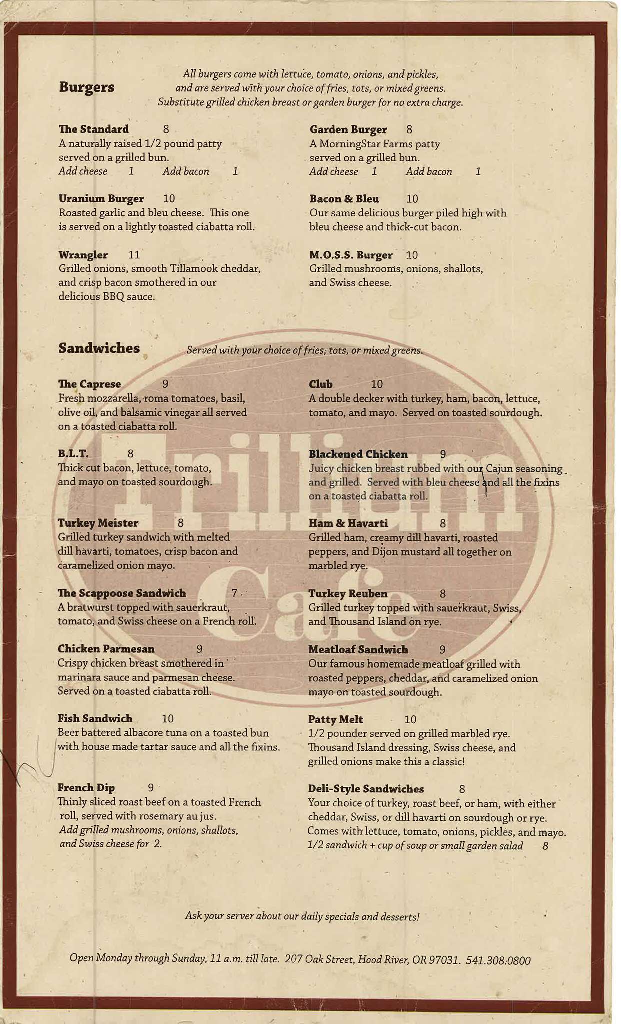 Menu at Trillium Café pub & bar, Hood River