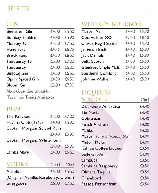 Menu at Gulshan restaurant, Tynemouth