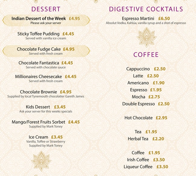 Menu at Gulshan restaurant, Tynemouth