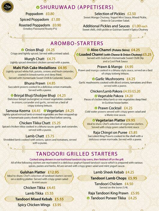 Menu at Gulshan restaurant, Tynemouth