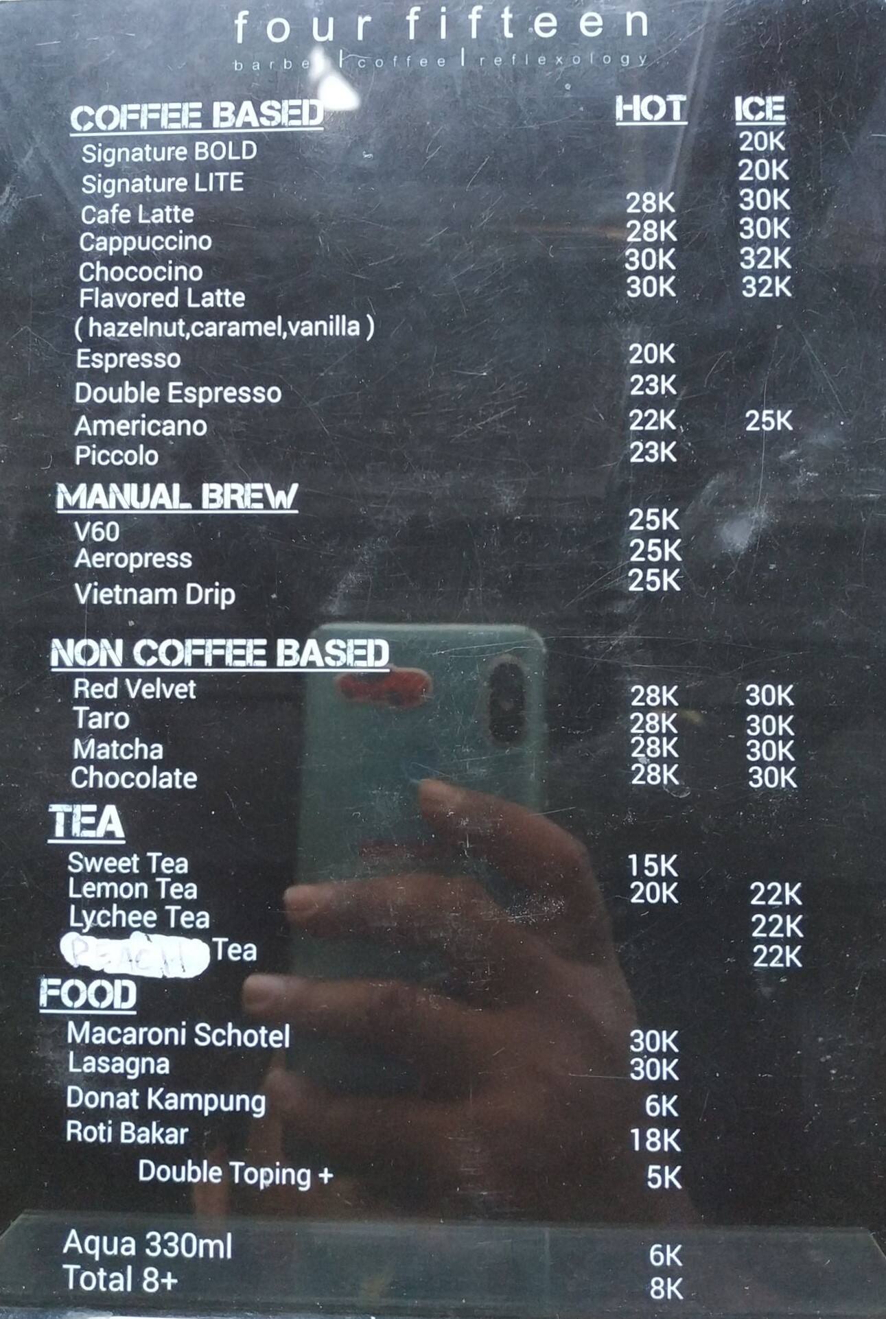 Menu at Fourfifteen cafe, South Tangerang