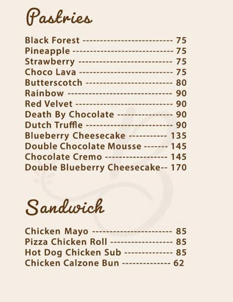 Menu of Bakers Craft, Frazer Town, Bangalore