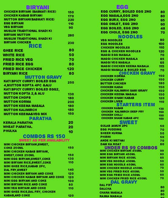 Menu of Biryani Point, Nagawara, Bangalore