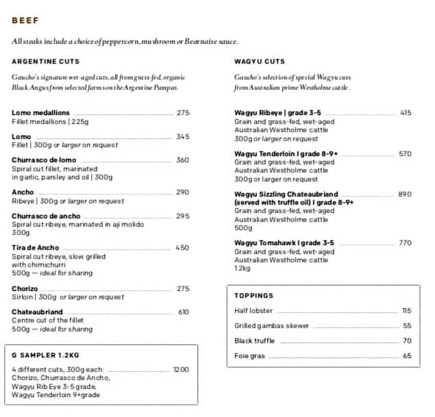 Menu at Iris DIFC steakhouse, Dubai