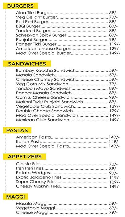 Menu of Mad Over Food, Vijay Nagar, Indore