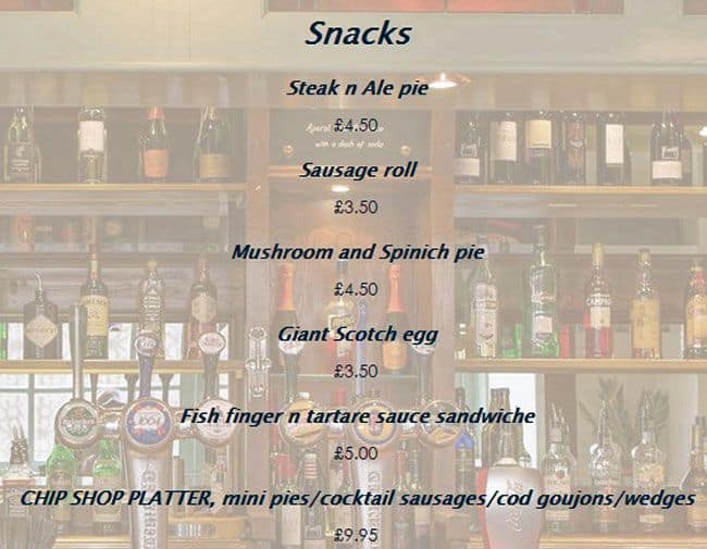 Menu at The Temple Bar, London