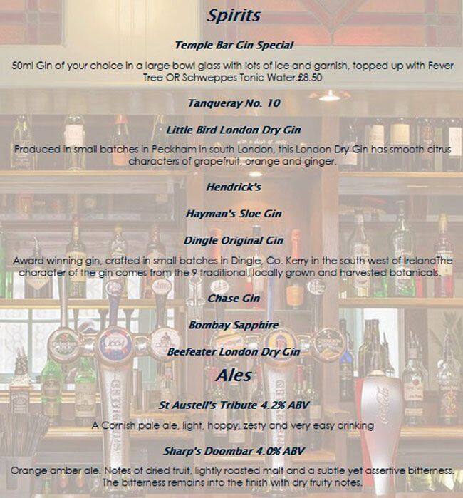 Menu at The Temple Bar, London