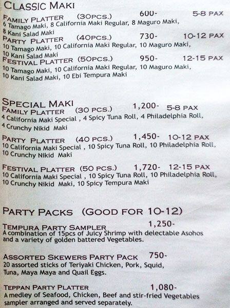 Menu at Shokuji restaurant, Makati, San Agustin Street